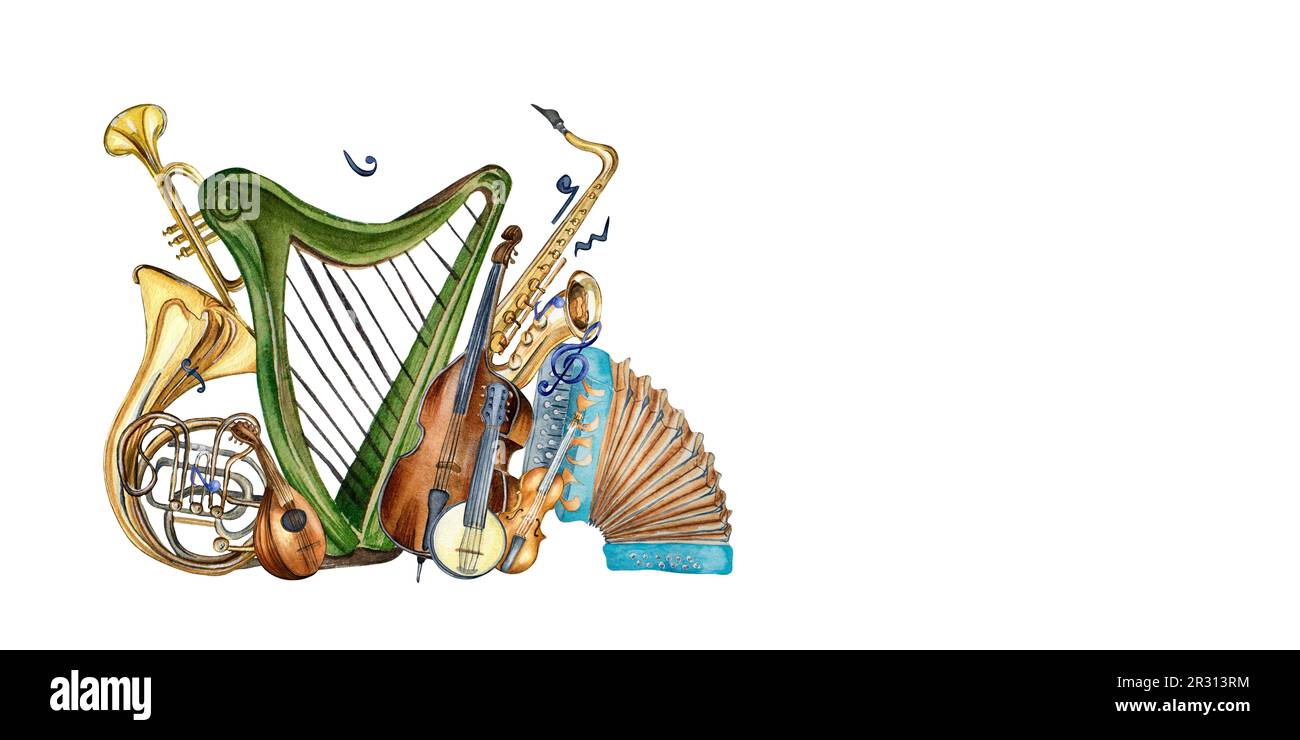 Harp, violin, contrabass and banjo, accordion watercolor illustration ...