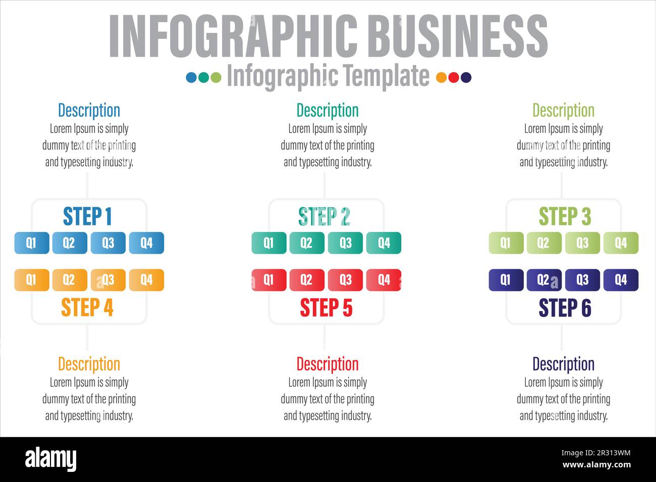 Six 6 Steps modern Timeline diagram calendar quarter with Months workflow and rectangle ...