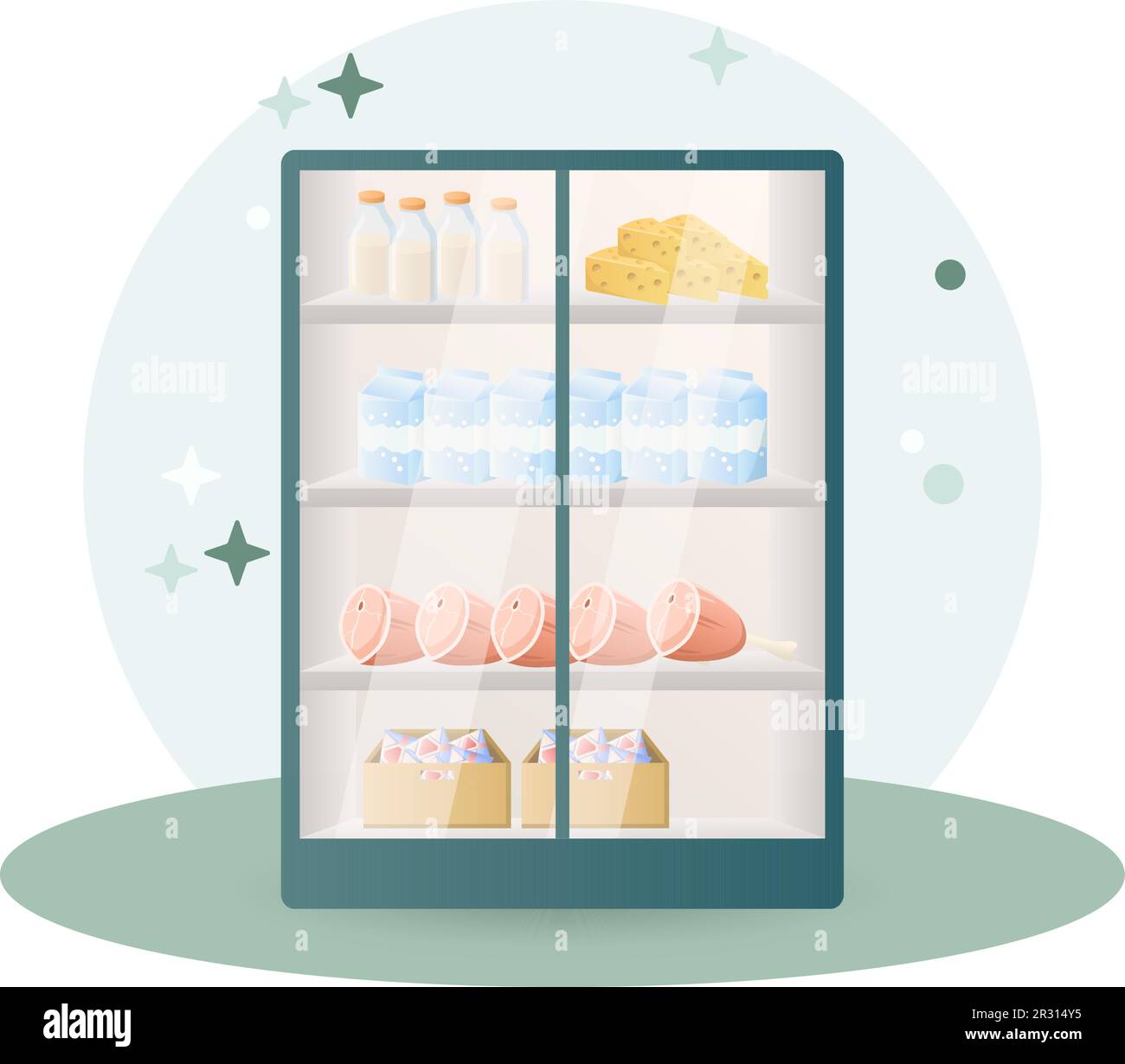 Fridge illustration. Refrigerator, bottle, meat, cheese. Editable ...