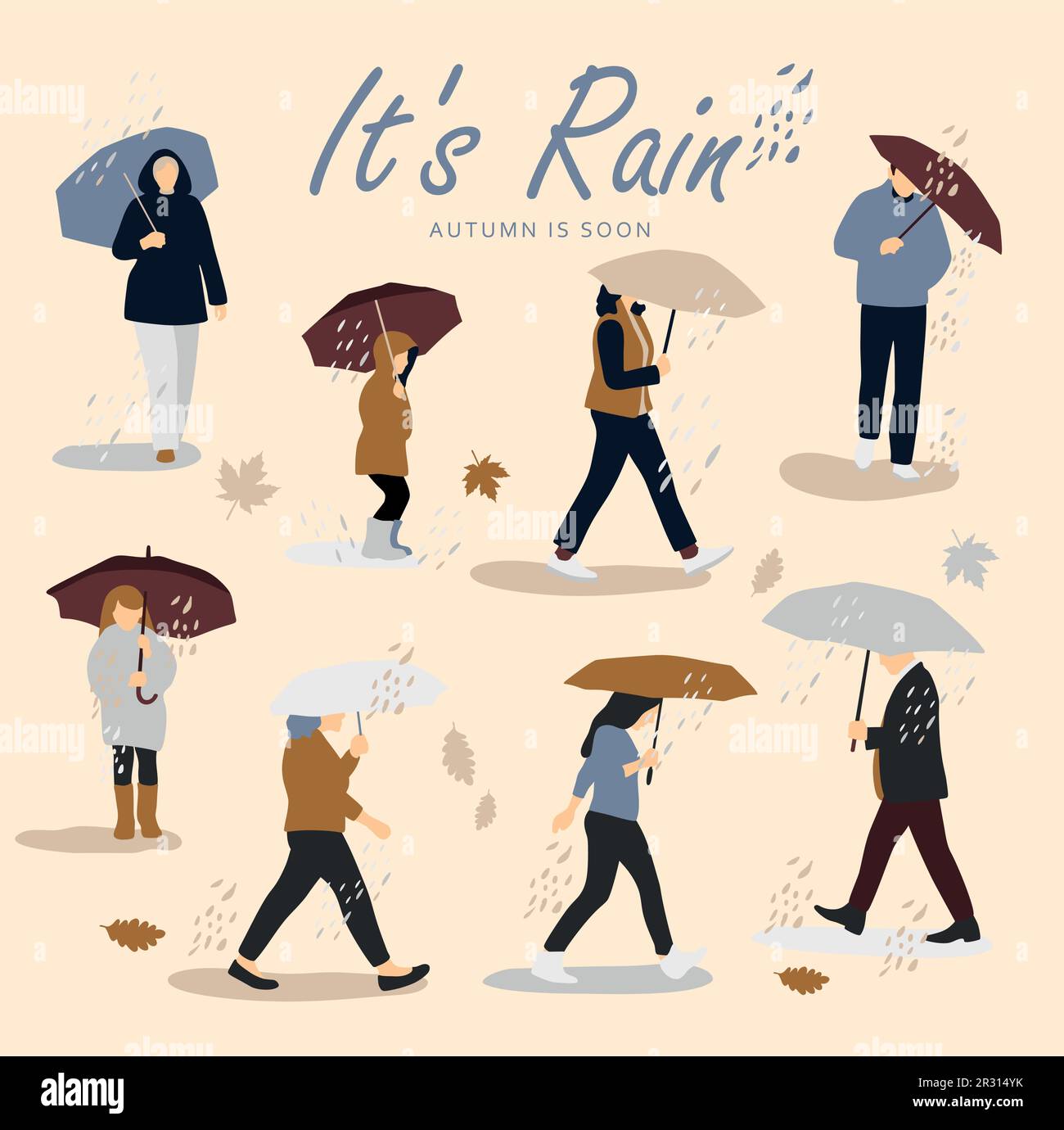 Vector illustration of people in the rain. Autumn mood. Trendy retro ...