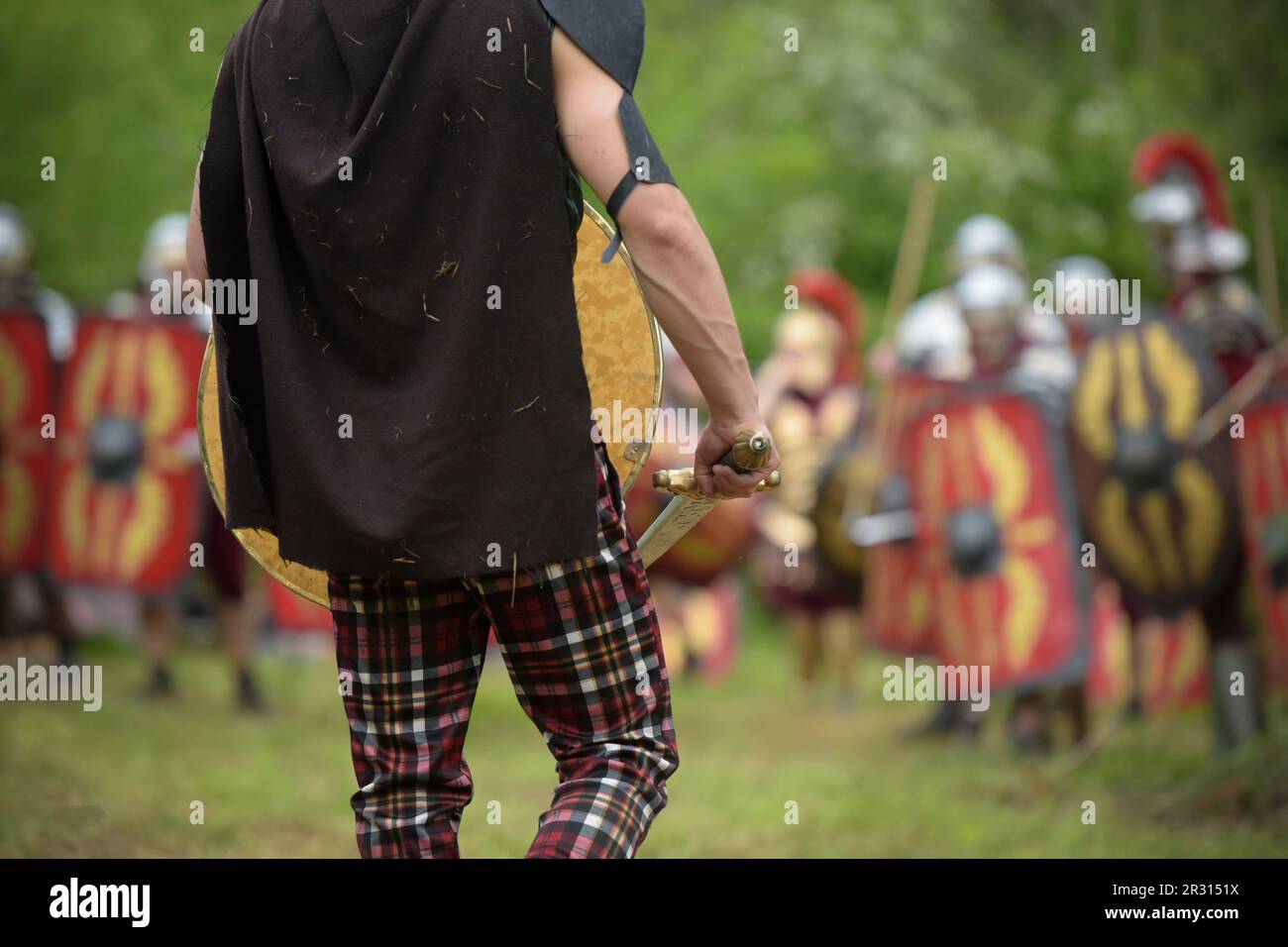 view of a medieval role-playing game in the forest in France Stock ...