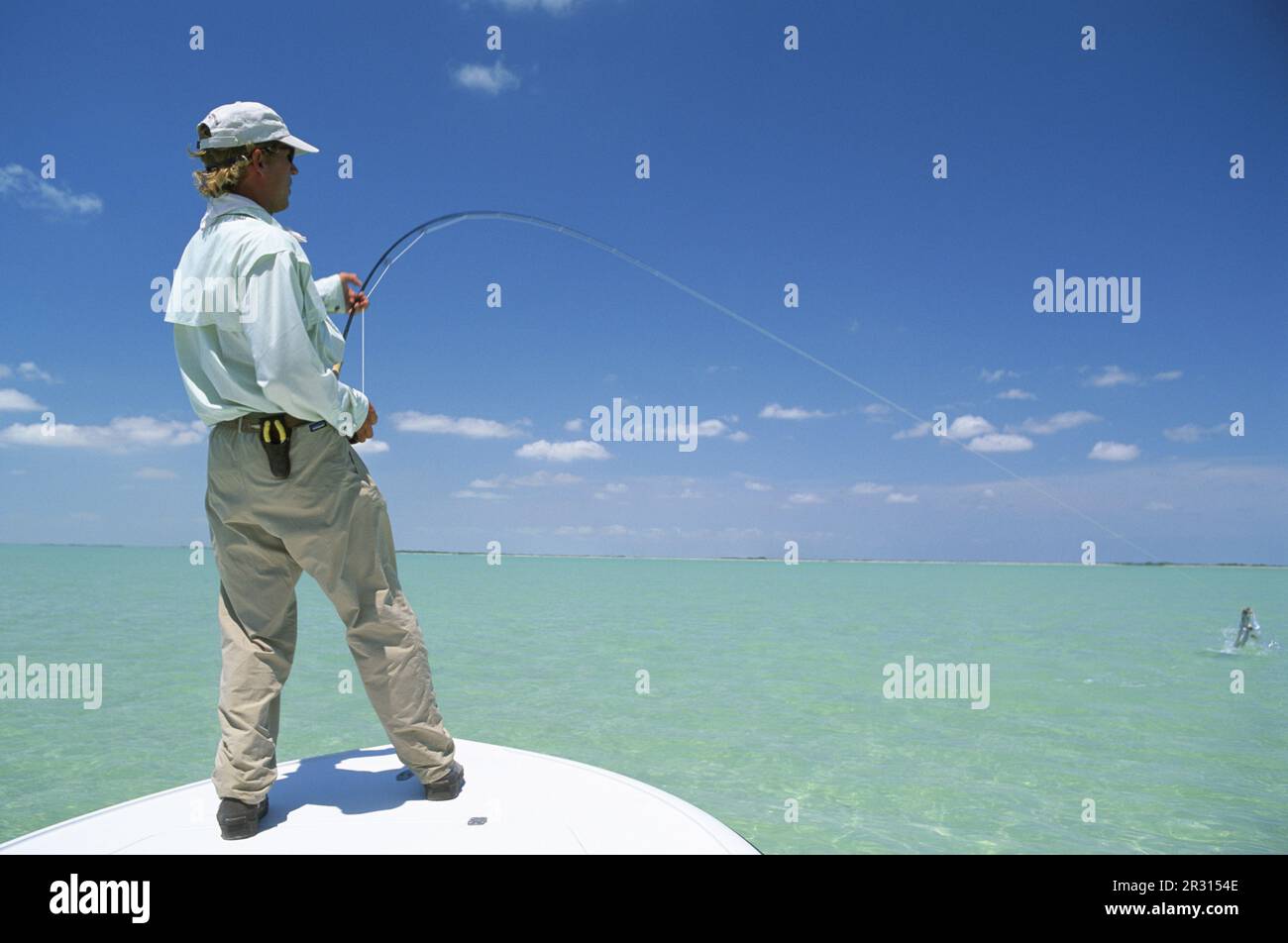 A saltwater fly-fisherman fights a fish in the Bahamas Stock Photo - Alamy