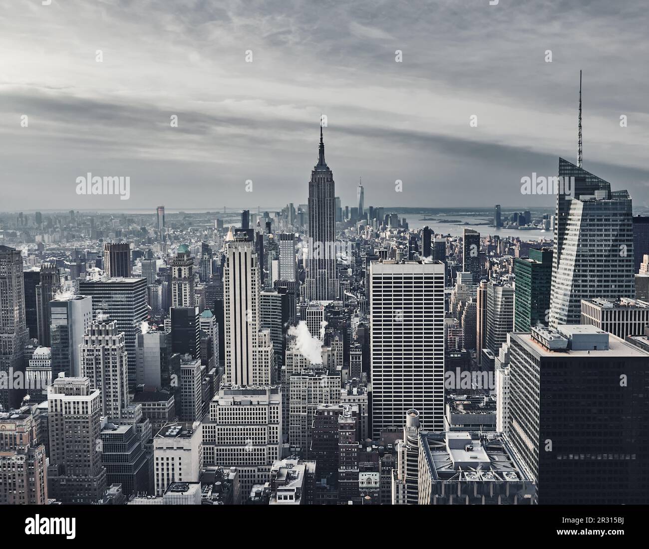 Aerial view of Manhattan and its skyscrapers in desaturated colors ...