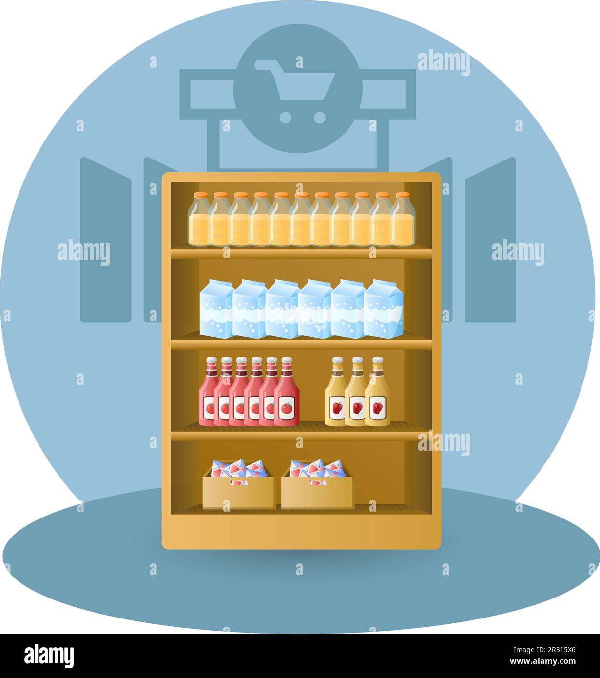 Shelf with product illustration. Package, bottle, box, rack. Editable ...