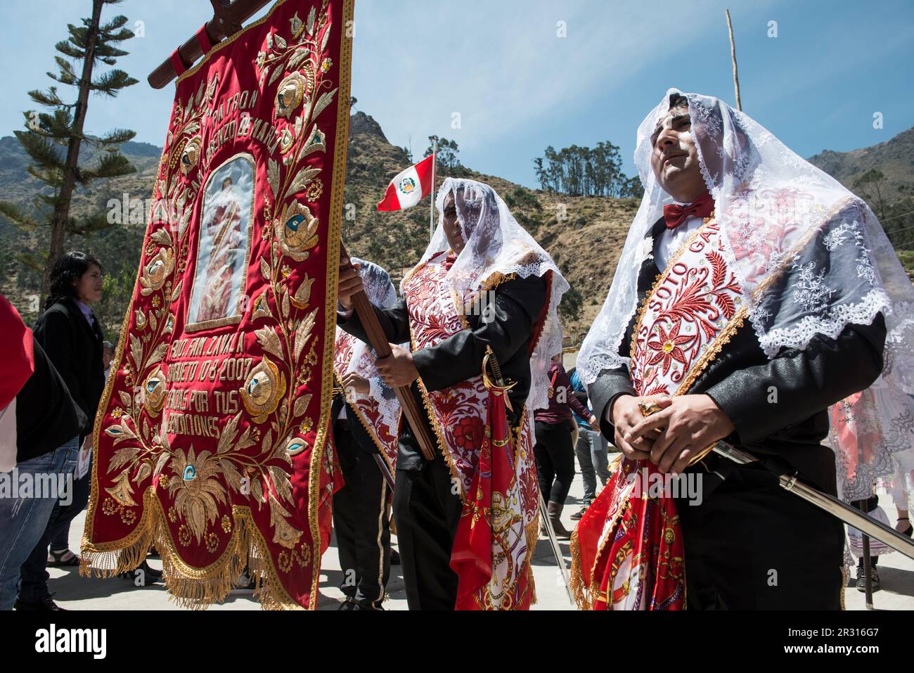 Peruvian men with typical costume during a traditional celebration ...
