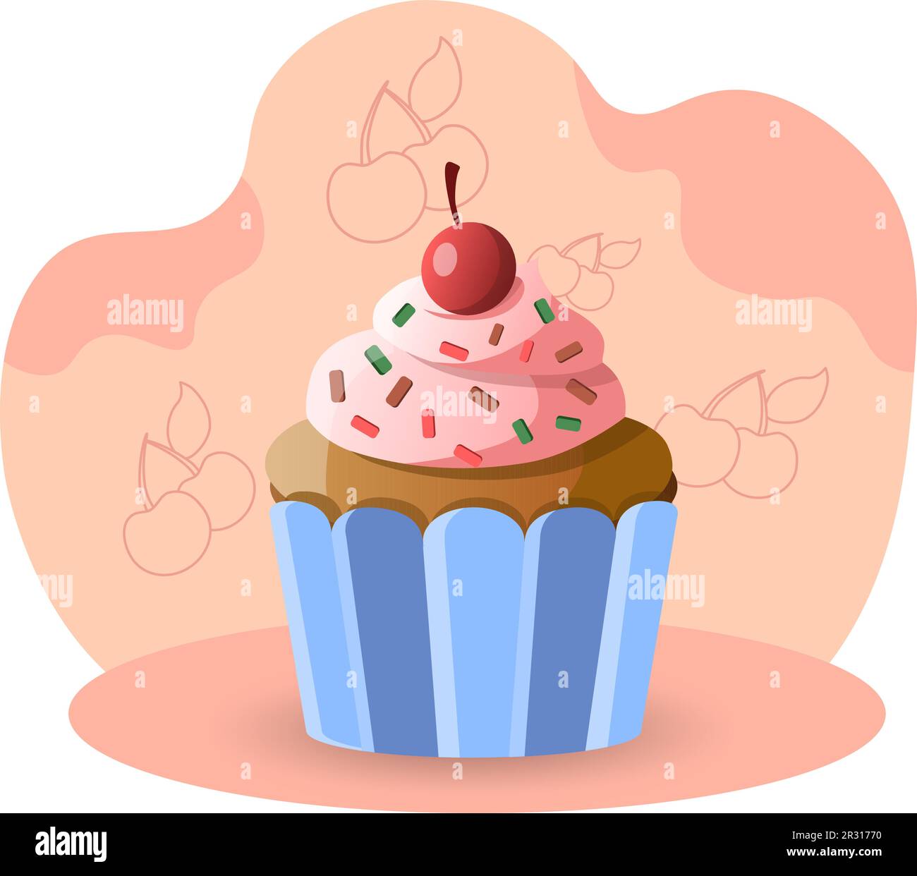 Cupcake illustration. Bakery, cream, cherry, topping. Editable vector ...