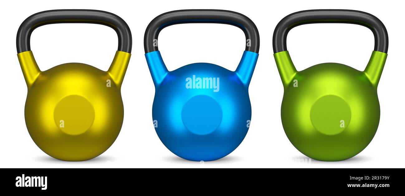 Set of heavy gym gold kettlebells for workout isolated on white ...