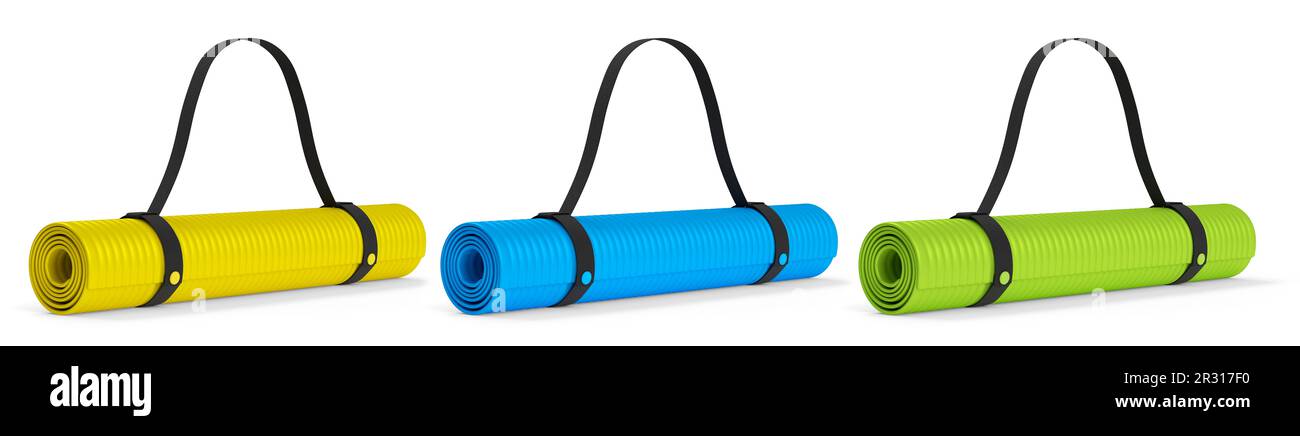 Set of yoga mats or lightweight foam camping bed roll pad isolated on ...