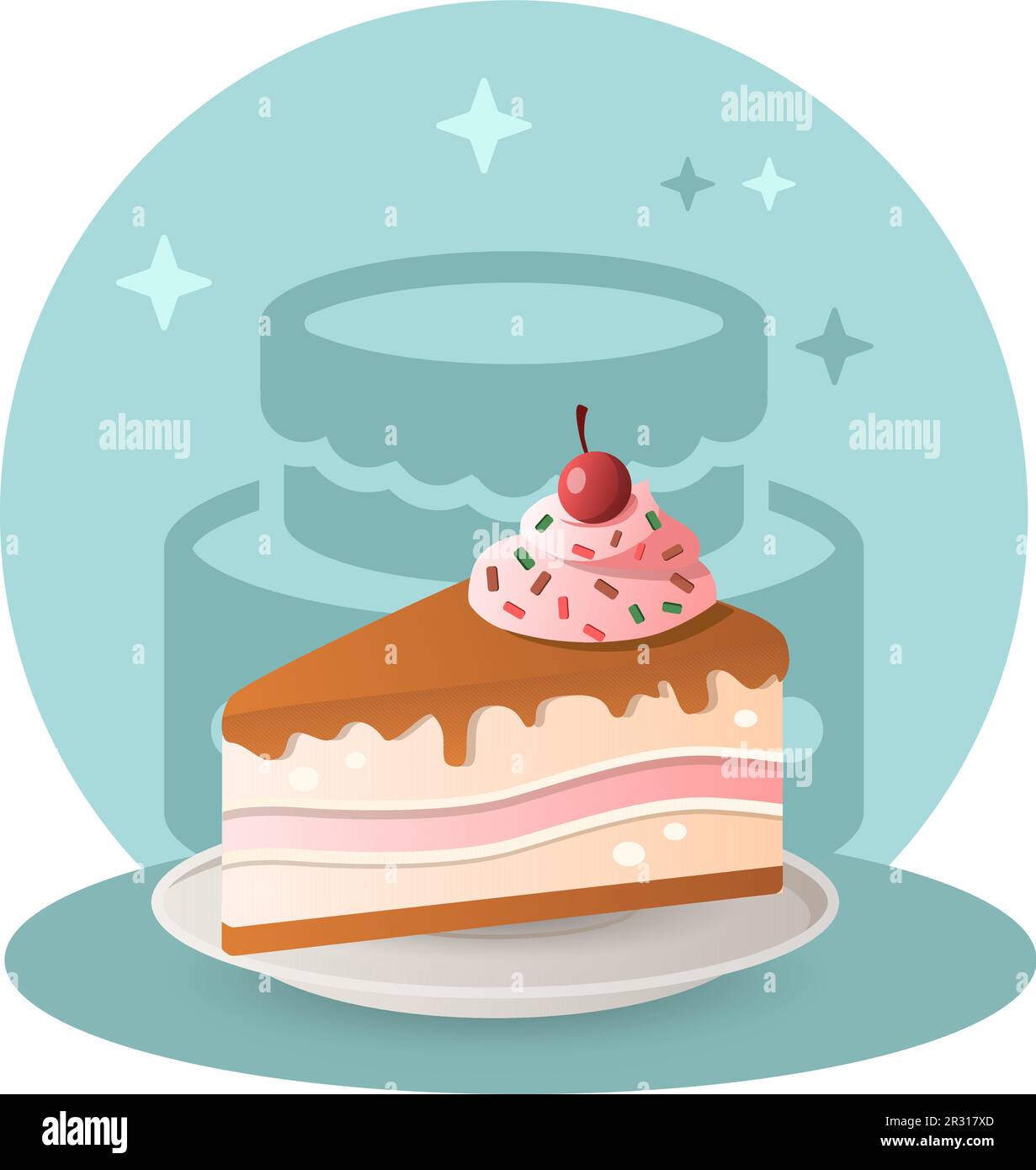 Cake illustration. Piece, cherry, glaze, topping. Editable vector ...