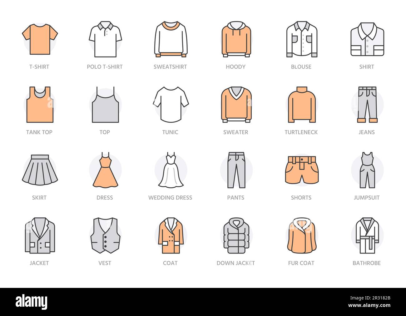 Clothing line icon set. Dress, polo t-shirt, jeans, winter coat, jacket ...