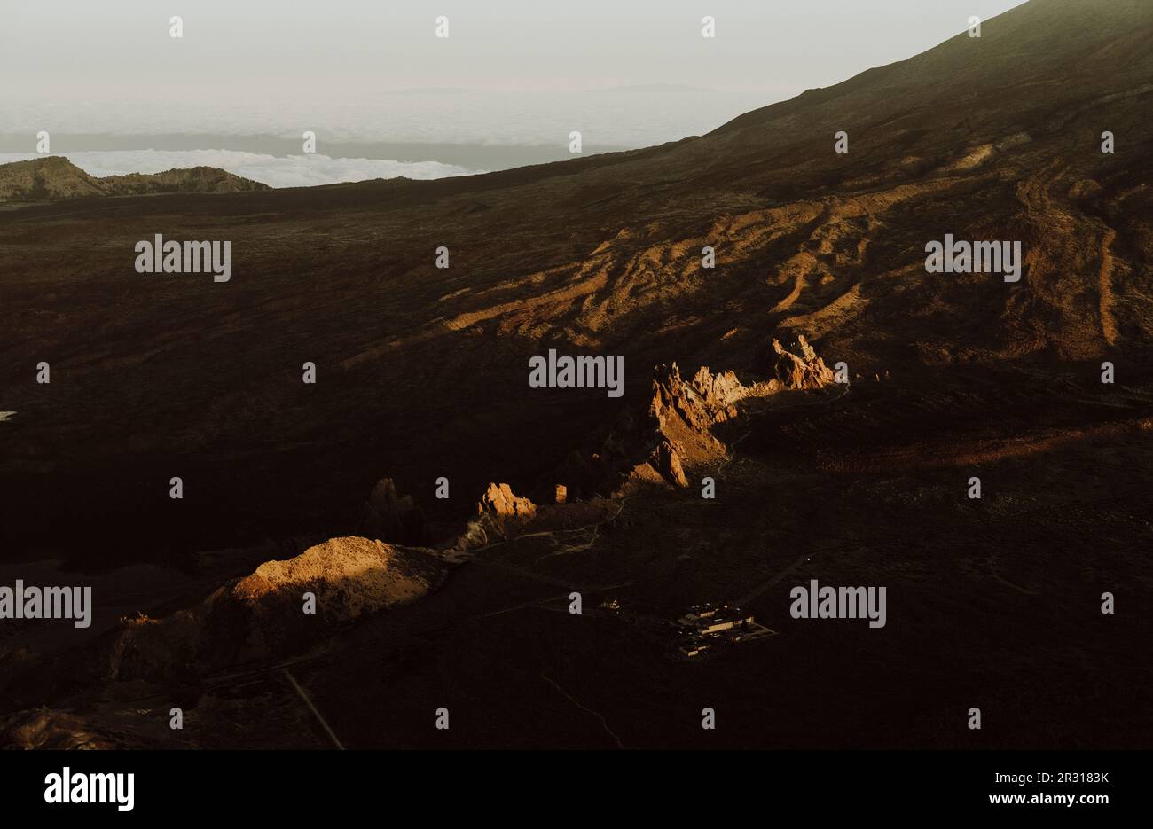 Aerial view of Roques de Garcia and caldera of CaÃ±adas del Teide Stock ...