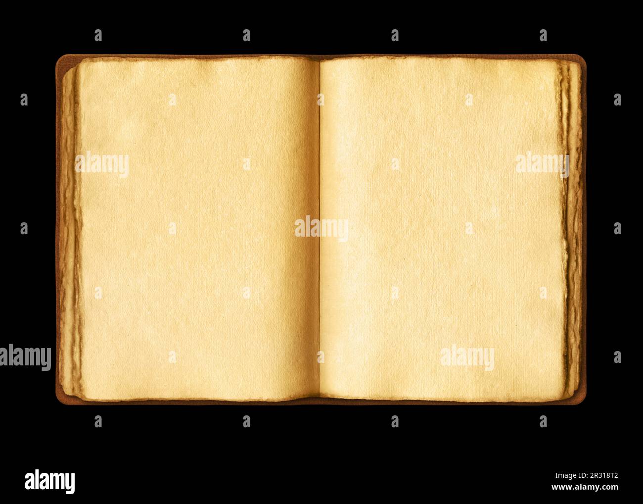 Old open medieval book with worn parchment pages. Blank textured ...