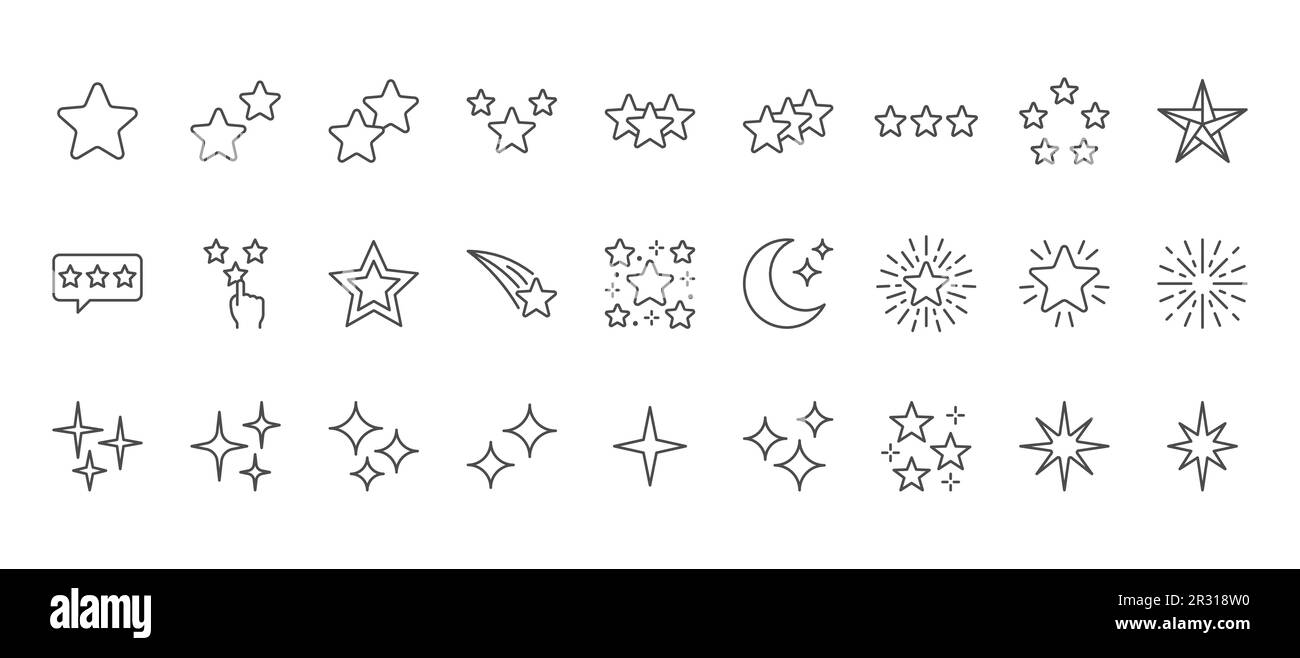 Stars line icons set. Rank - quality, favorite, bright firework, falling, flash, flickering ...