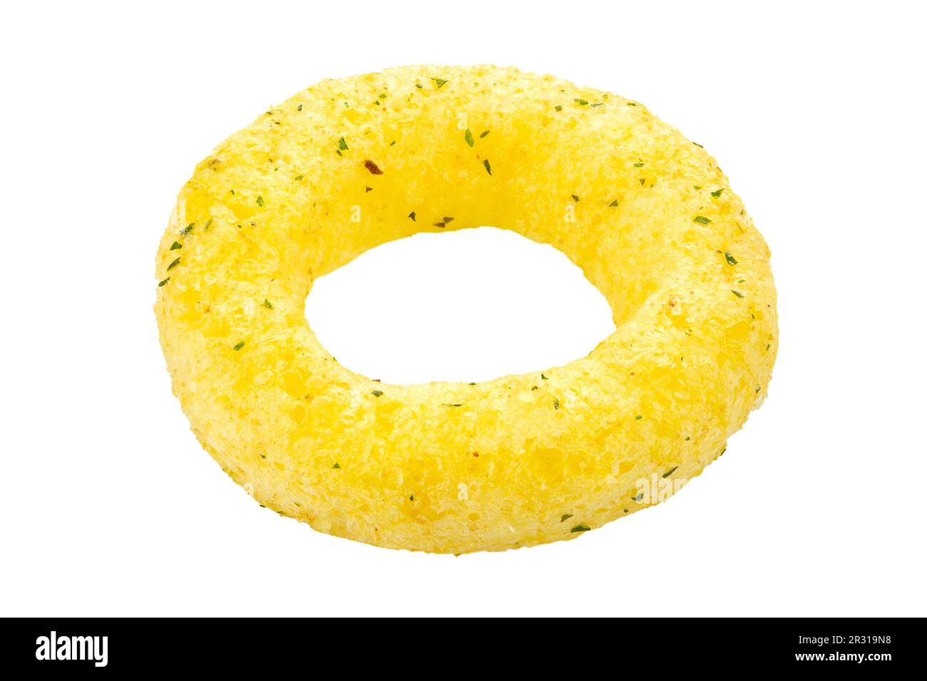 Crispy corn snack in the form of a ring. Traditional snack for beer ...