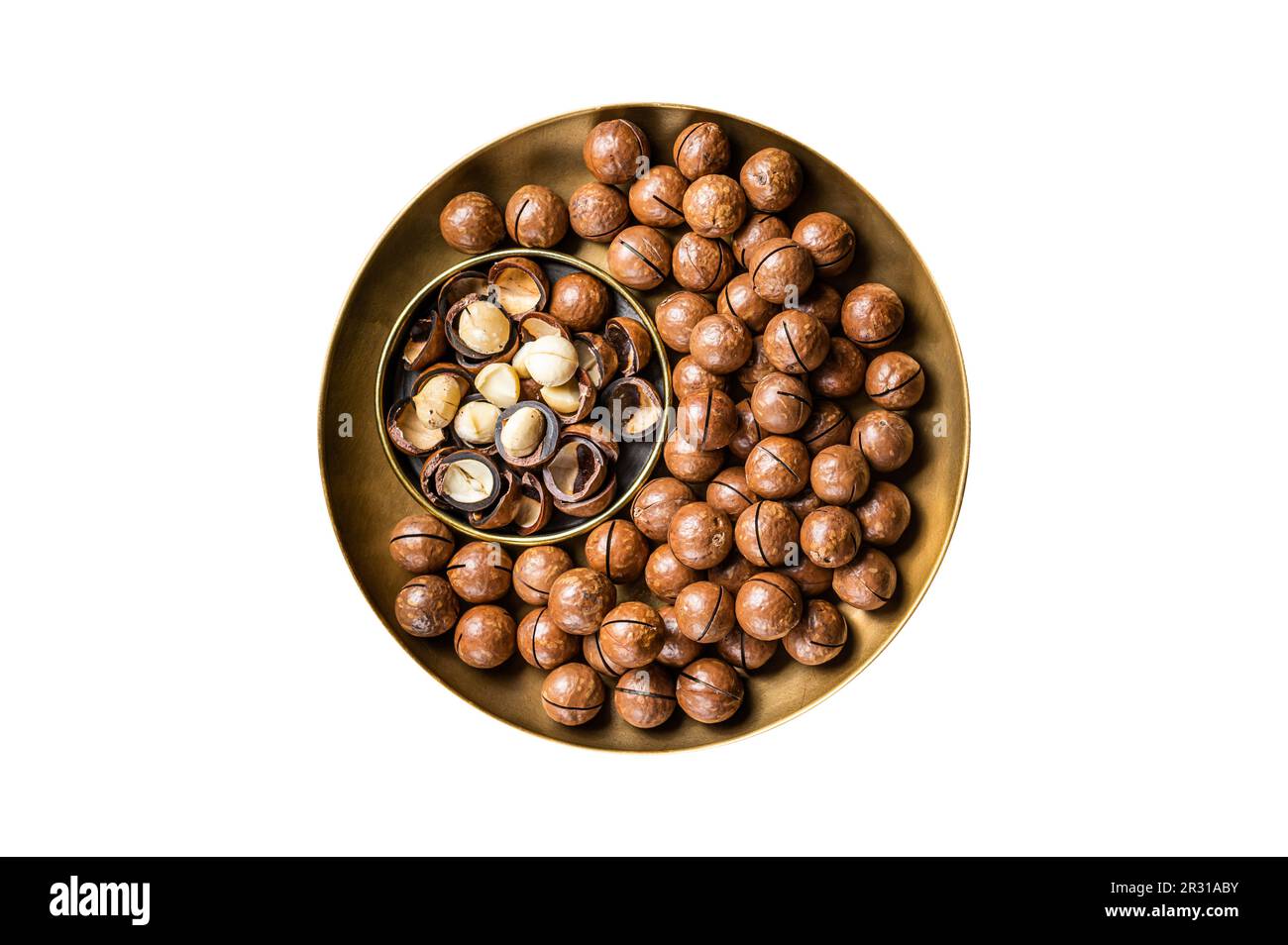 Organic Macadamia nuts in a shell ready to eat. Isolated on white ...