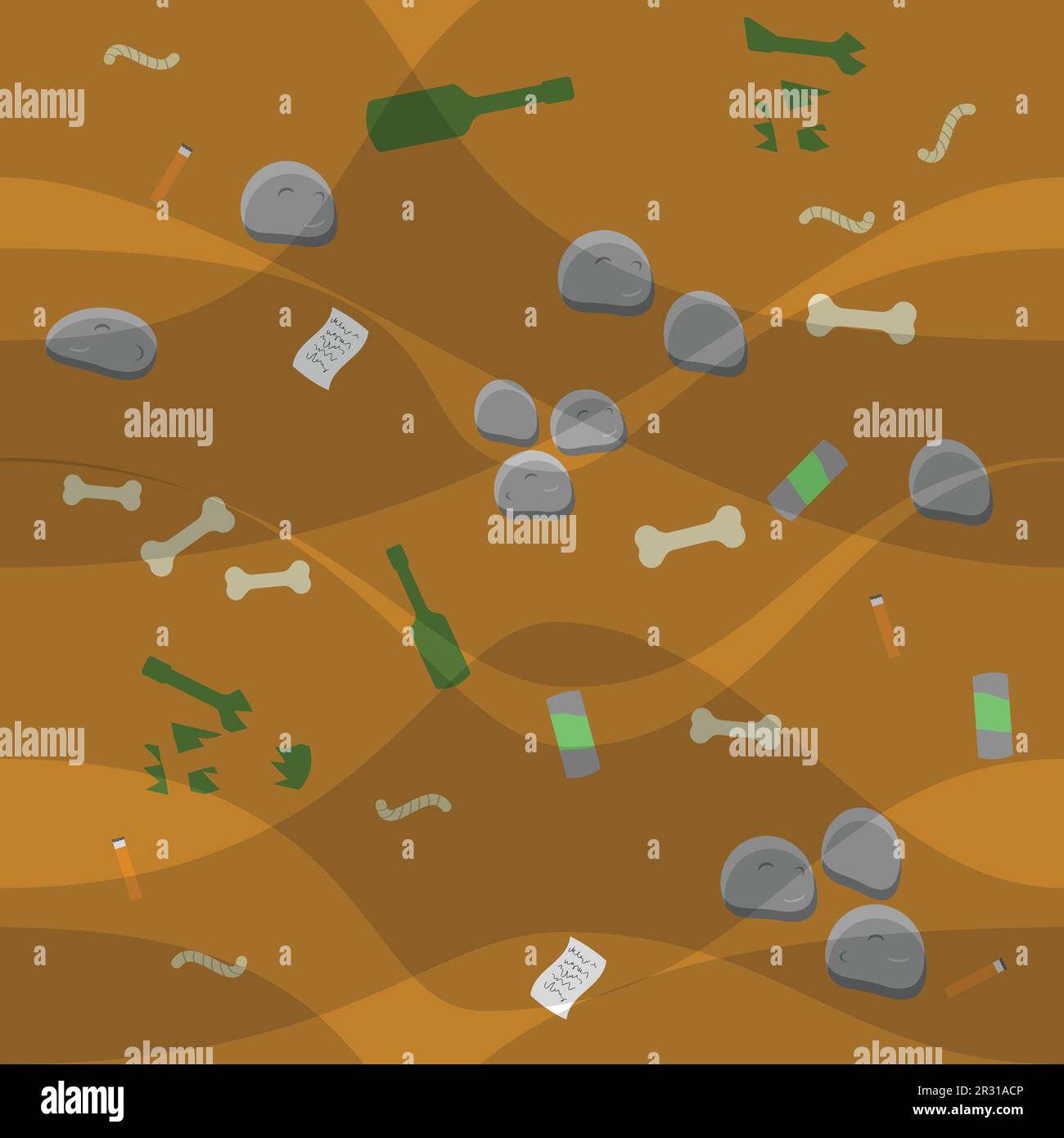 Slice of dirt mixed with garbage: bones, stones, bottles, paper, worms ...