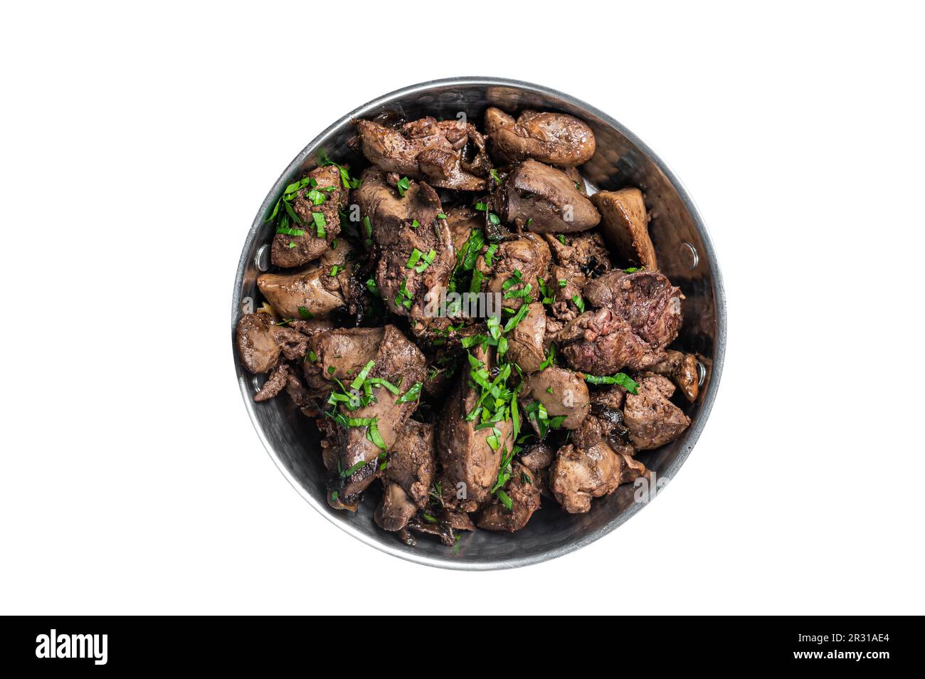 Chicken liver stew with onions and parsley in a skillet. Isolated on ...