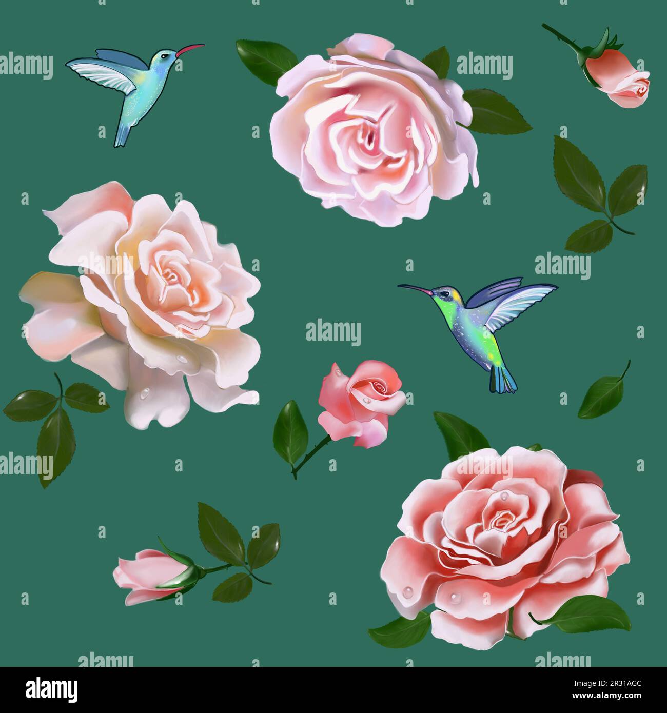 pattern of roses with hummingbirds, drawn by hand, perfect for the ...