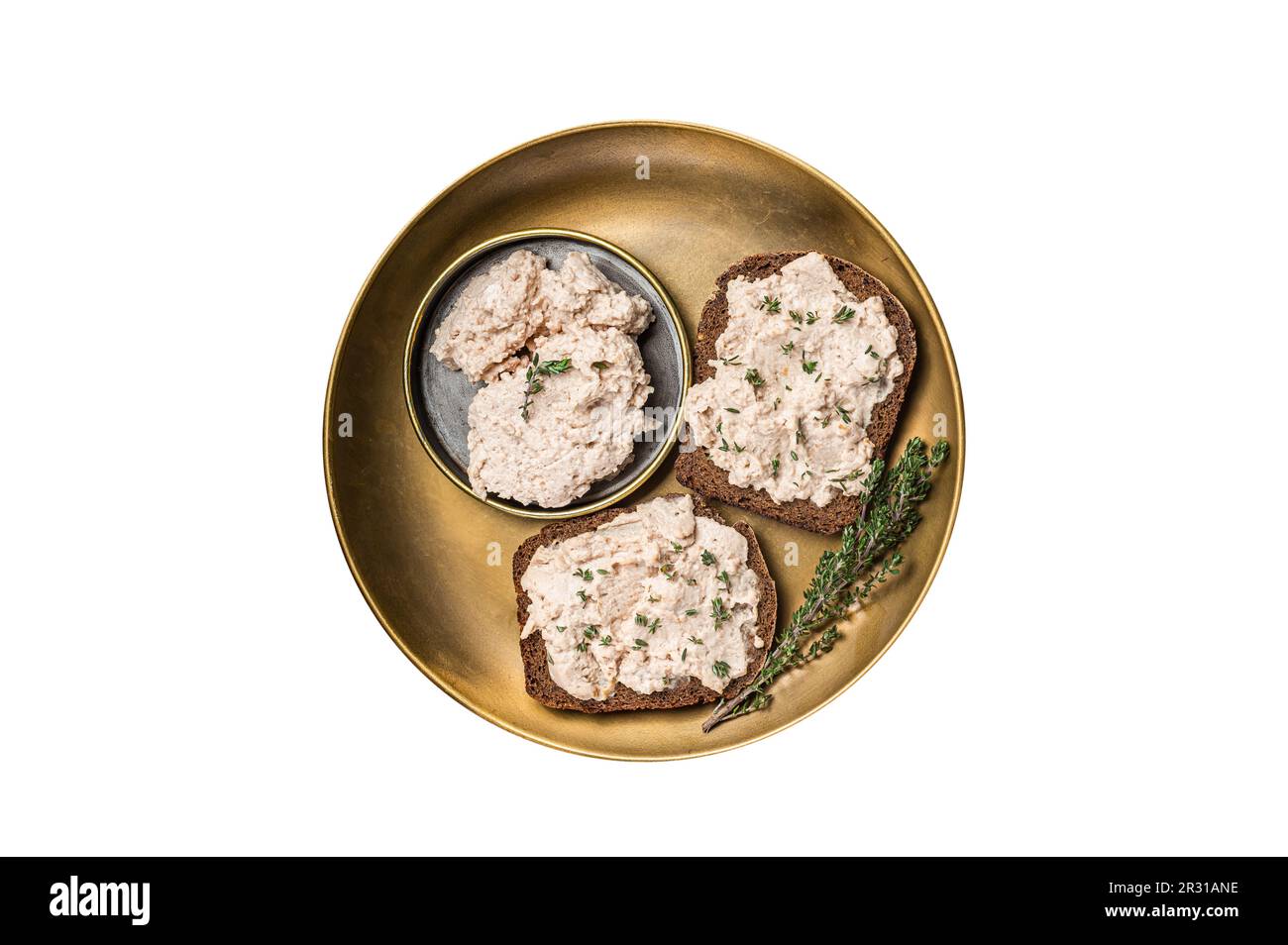 Toasts with Cod liver Spread pate on a plate. Isolated on white ...