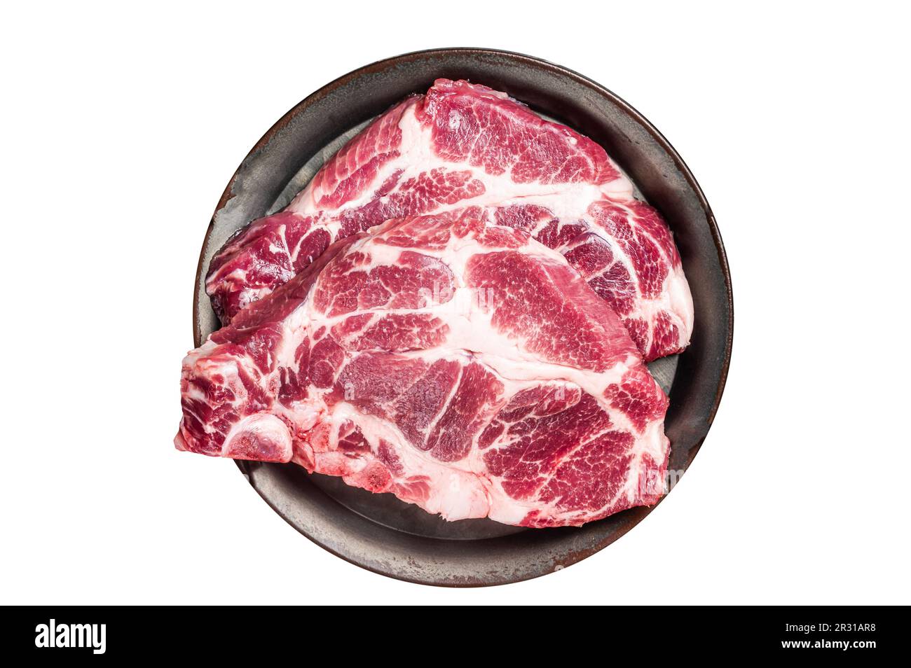 Raw pork cutlet chops for grill BBQ with pink pepper. Isolated on white ...