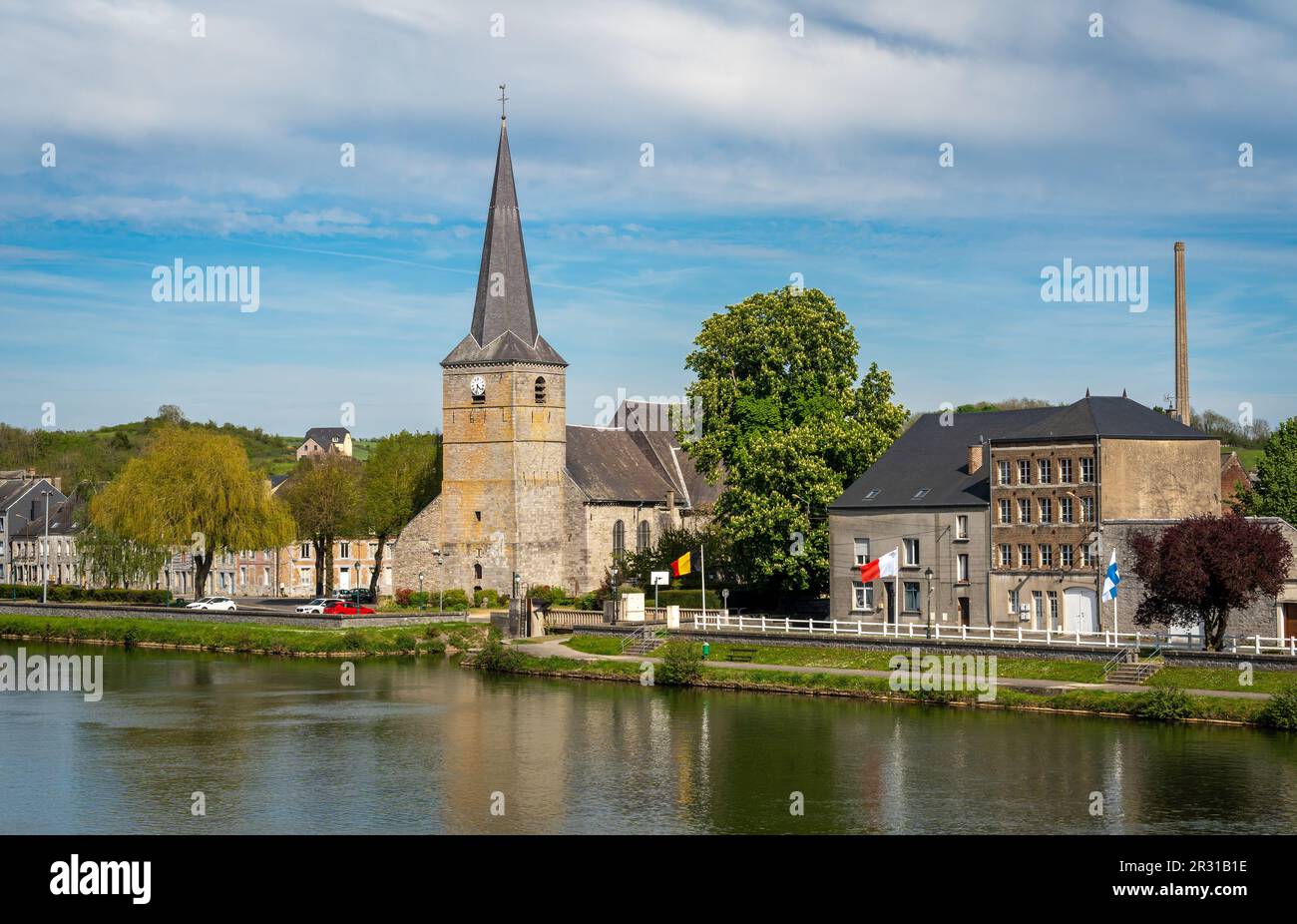 View of Givet with historical Notre-Dame church, picturesque little ...