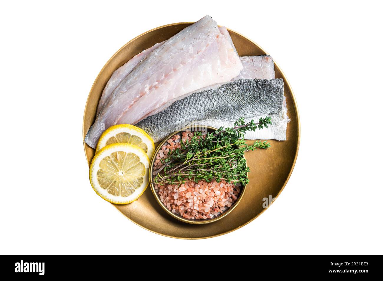 Uncooked Raw Sea Bass fillets, Seabass fish with thyme, pink salt and ...