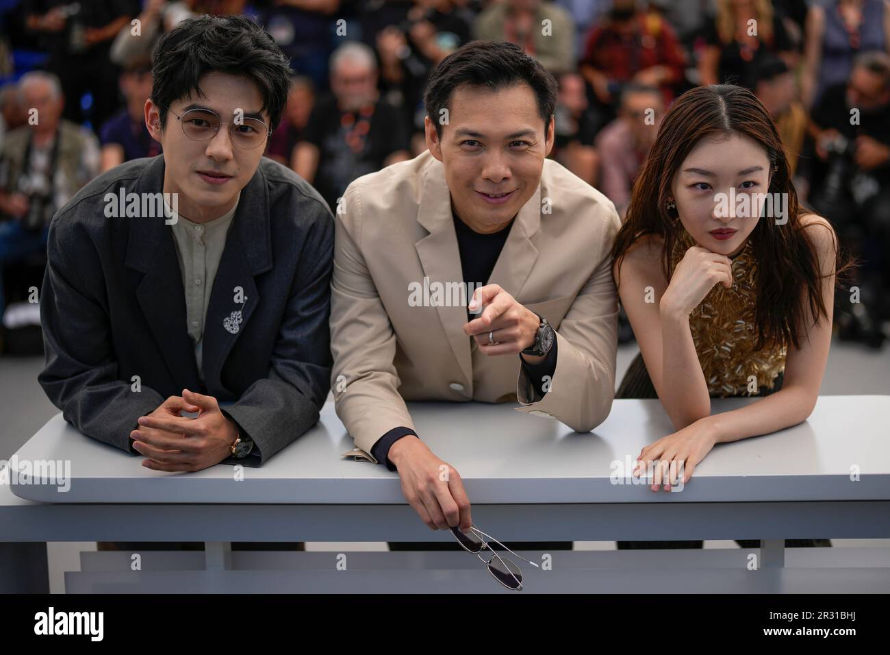 Haoran Liu, from left, director Anthony Chen, and Dongyu Zhou pose for photographers at the ...