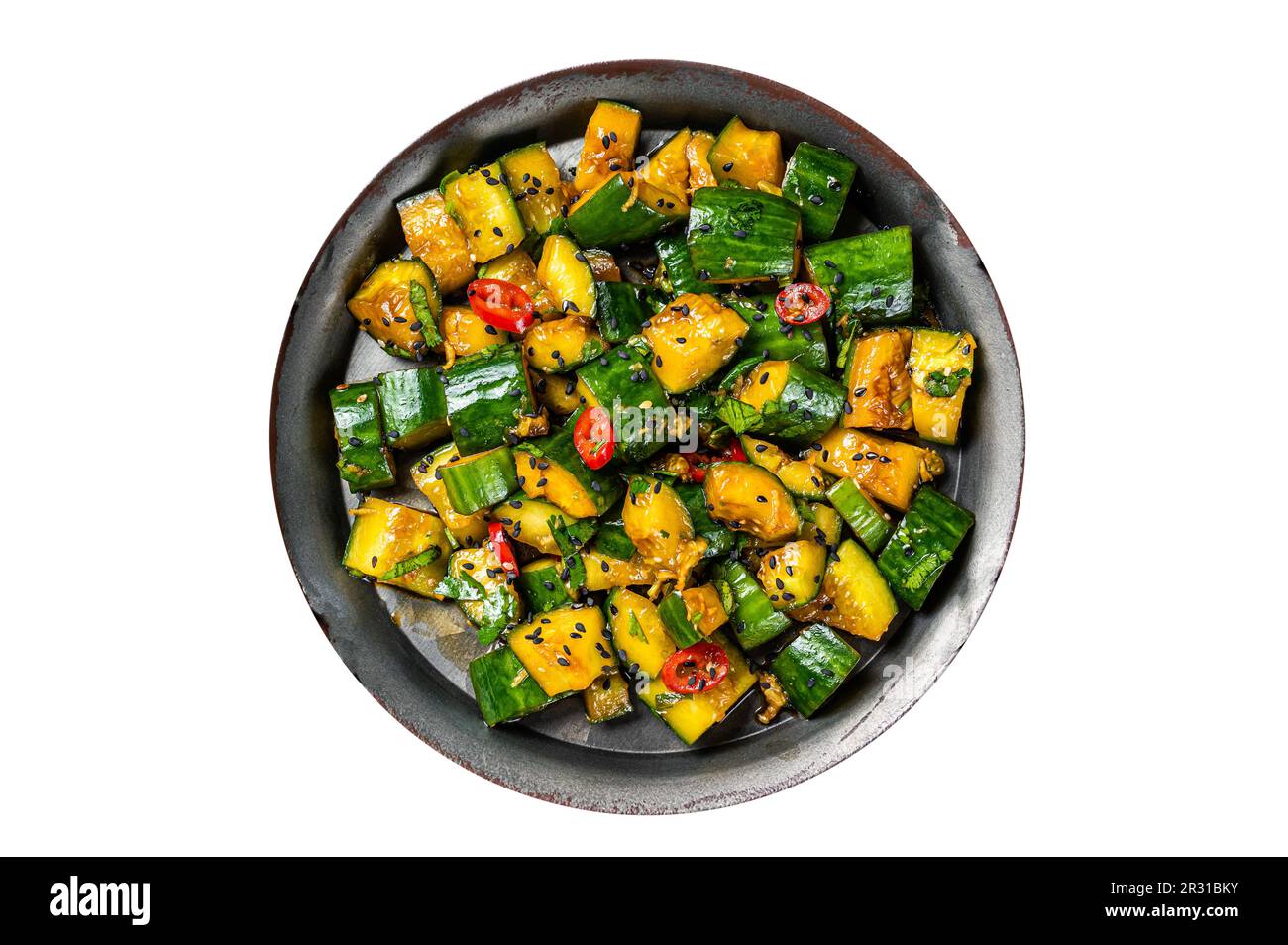 Chinese smashed cucumber salad with chili peppers and sesame seeds ...