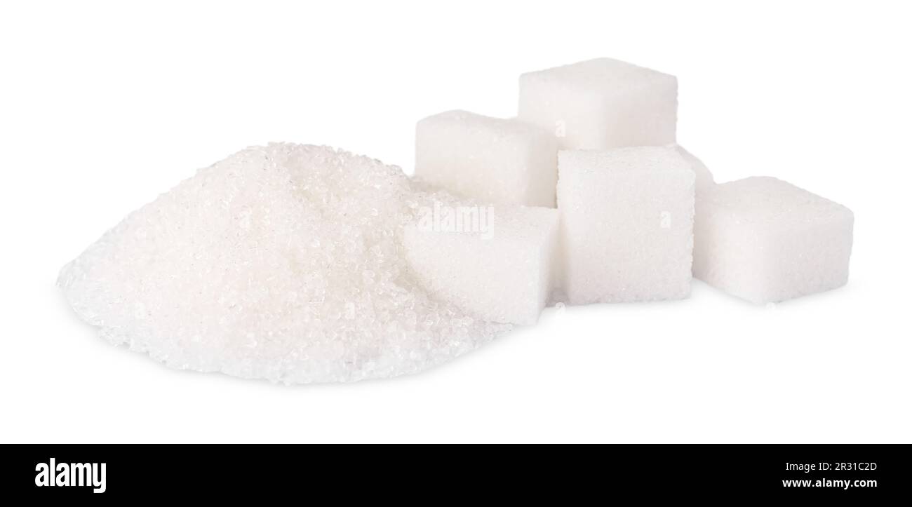 Granulated and cubed sugar isolated on white Stock Photo - Alamy