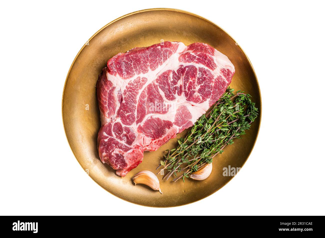 Marble pork steak, raw neck meat with thyme. Isolated on white ...