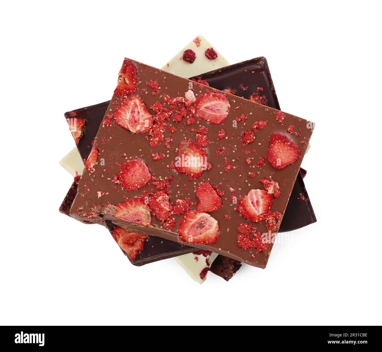 Chocolate bars with freeze dried strawberries on white background, top ...
