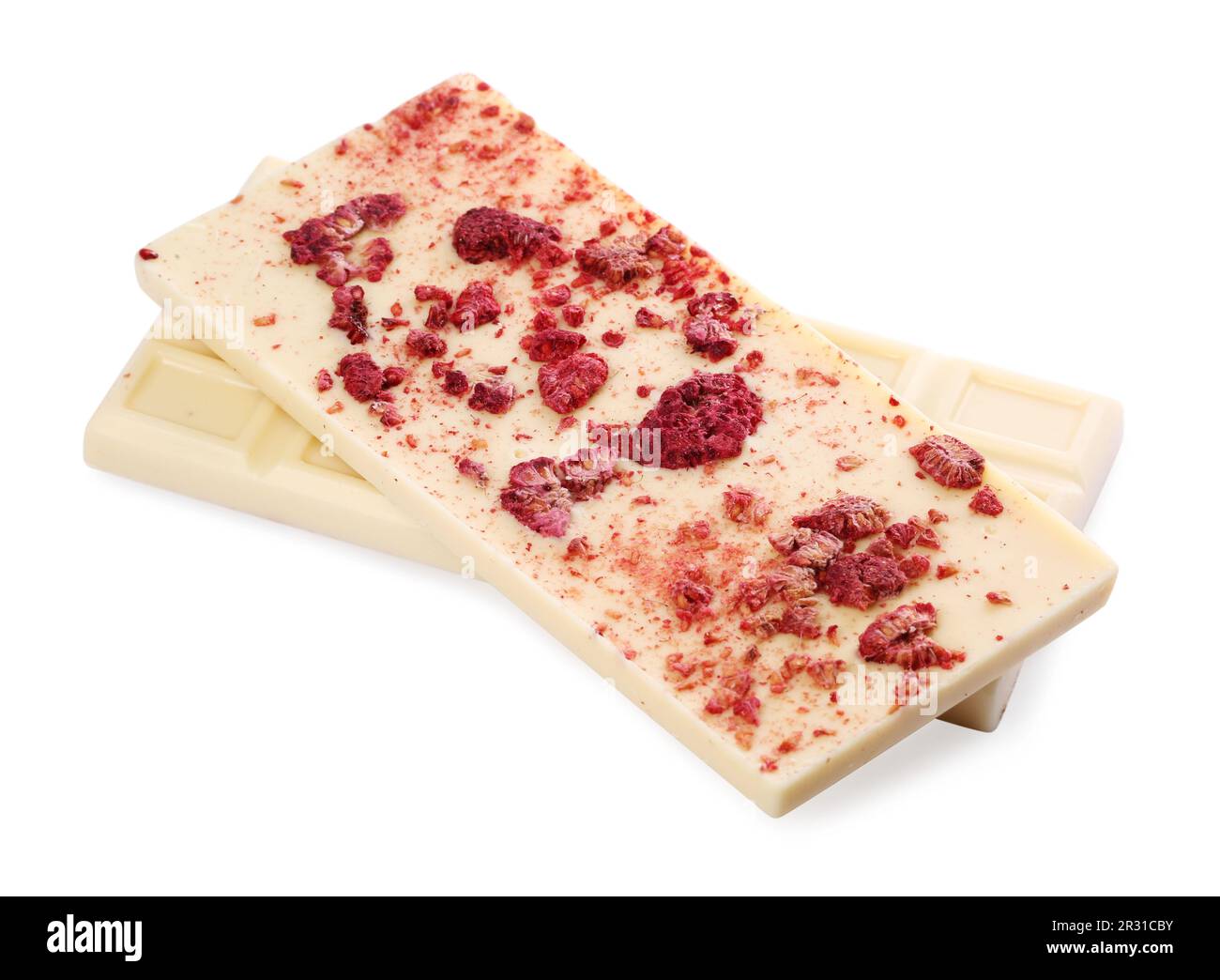 Chocolate bars with freeze dried raspberries on white background Stock ...