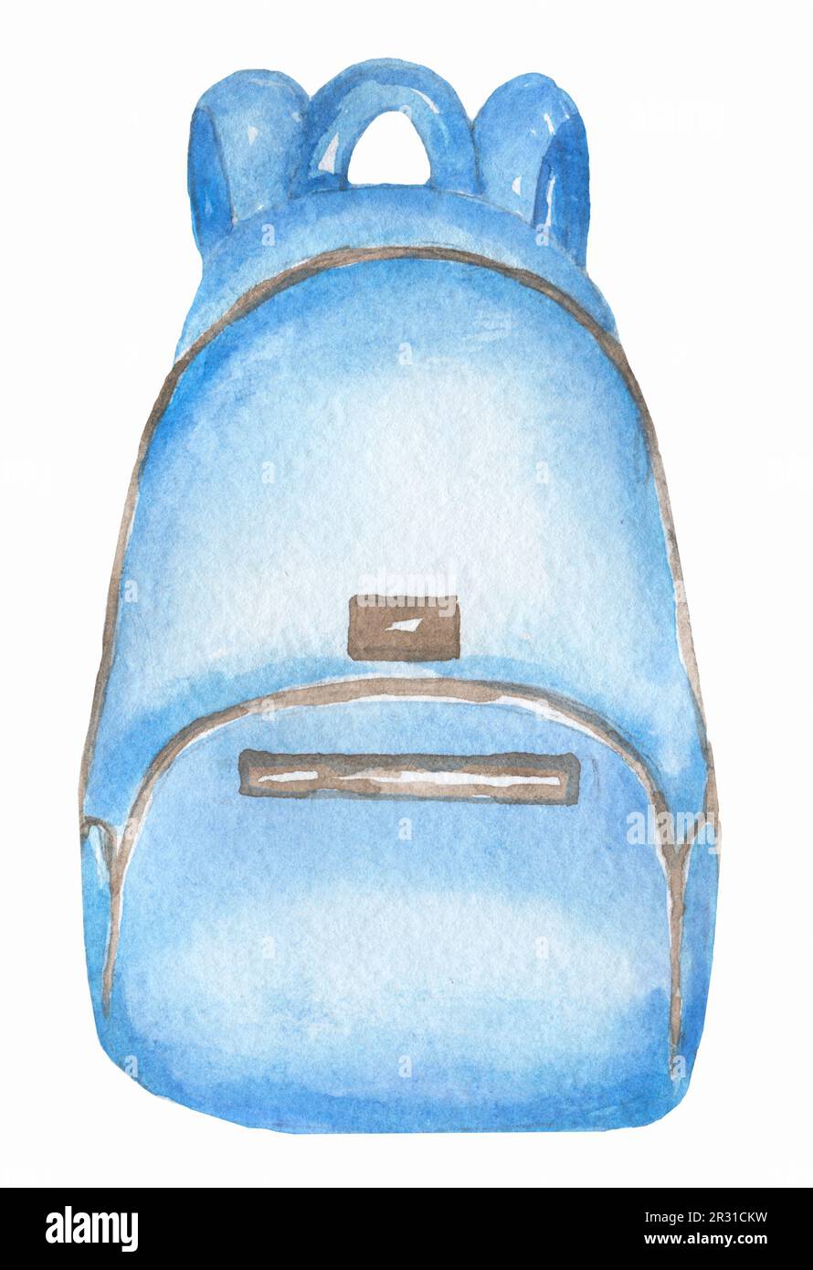 watercolor blue school backpack . School satchel. School supplies Stock ...