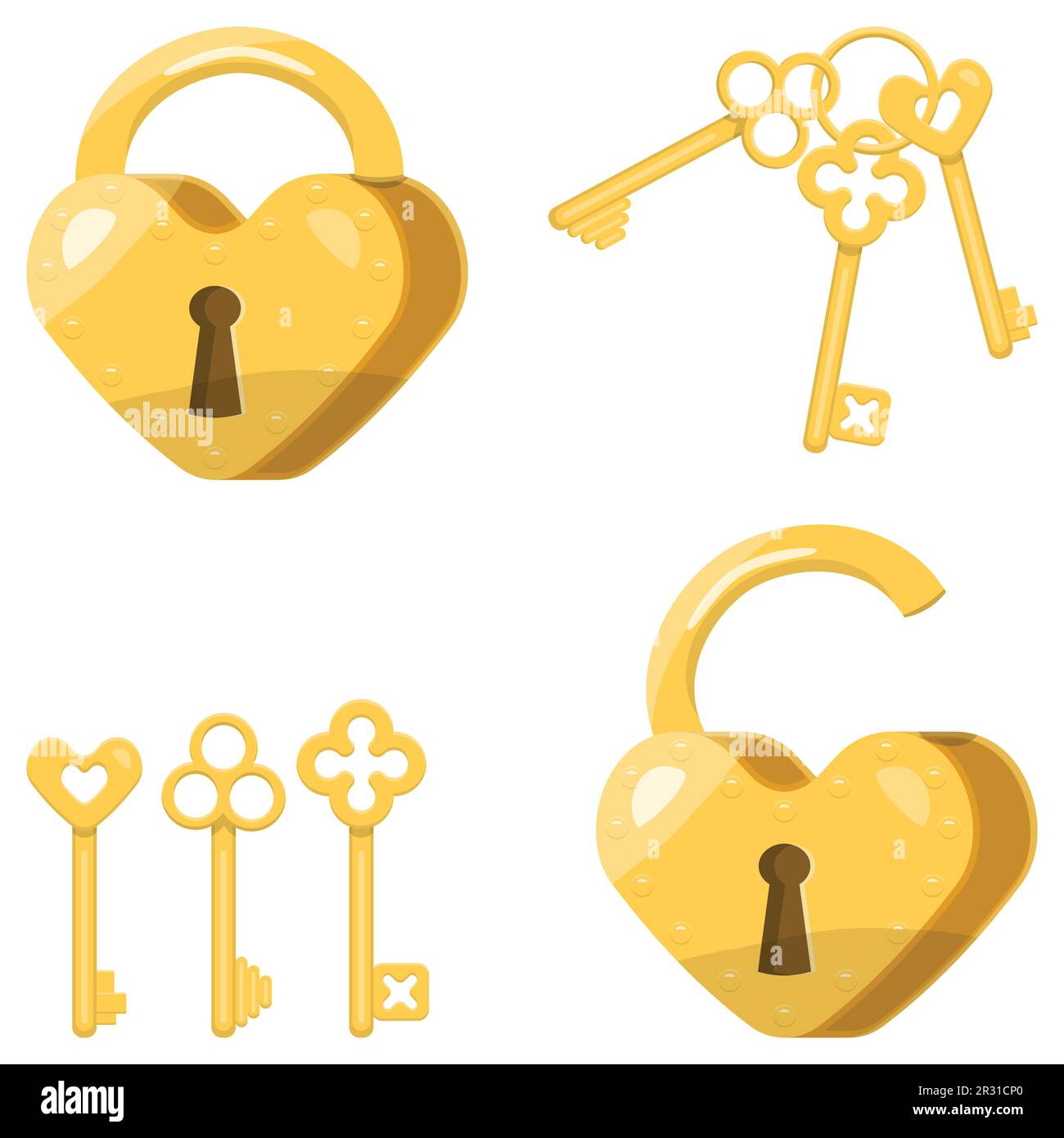 Locks in the shape of a heart closed and open, a bunch of keys ...