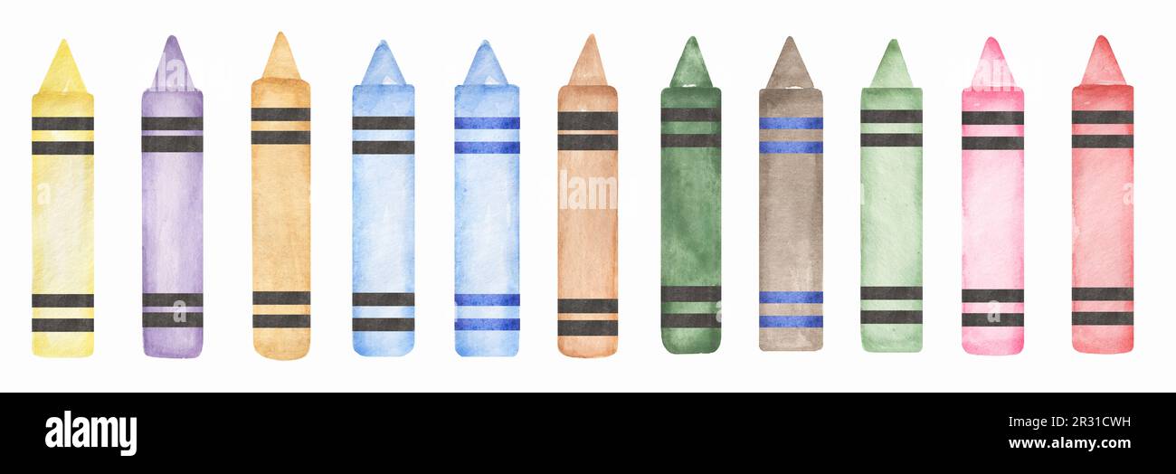 watercolor school crayons set, pencil illustration. School supplies clipart Stock Photo - Alamy