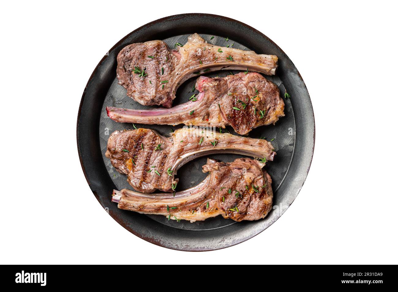 BBQ with Grilled lamb meat chops, mutton steaks with herbs. Isolated on ...