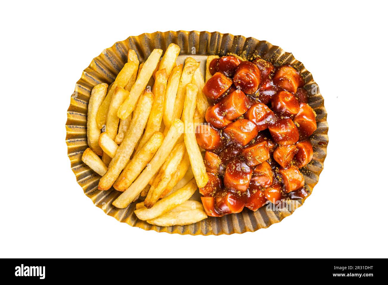 German currywurst with french fry served in a steel plate. Isolated on ...