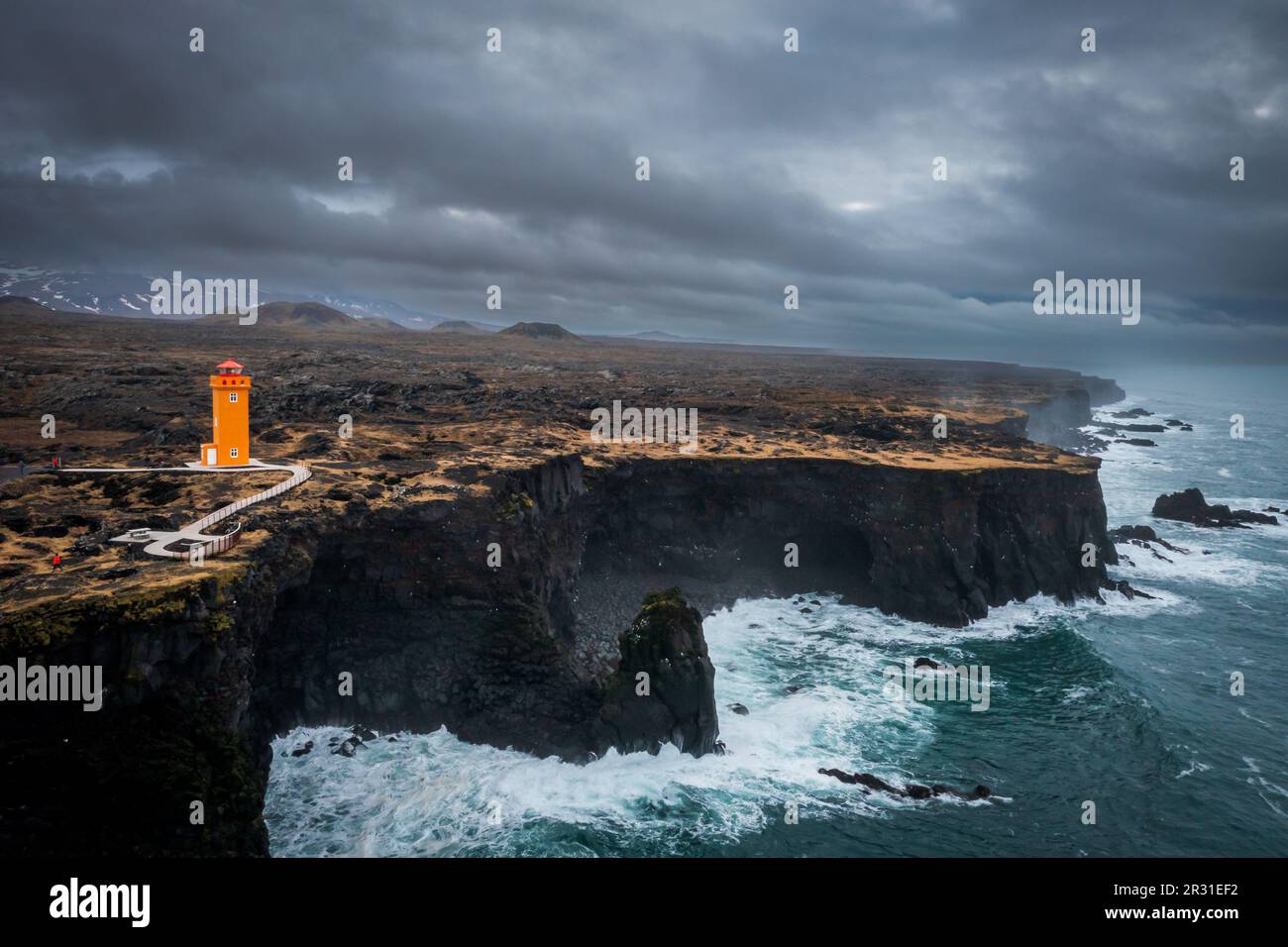 Aerial view of Svortuloft Lighthouse, Snaefellsnes Peninsula, Western ...