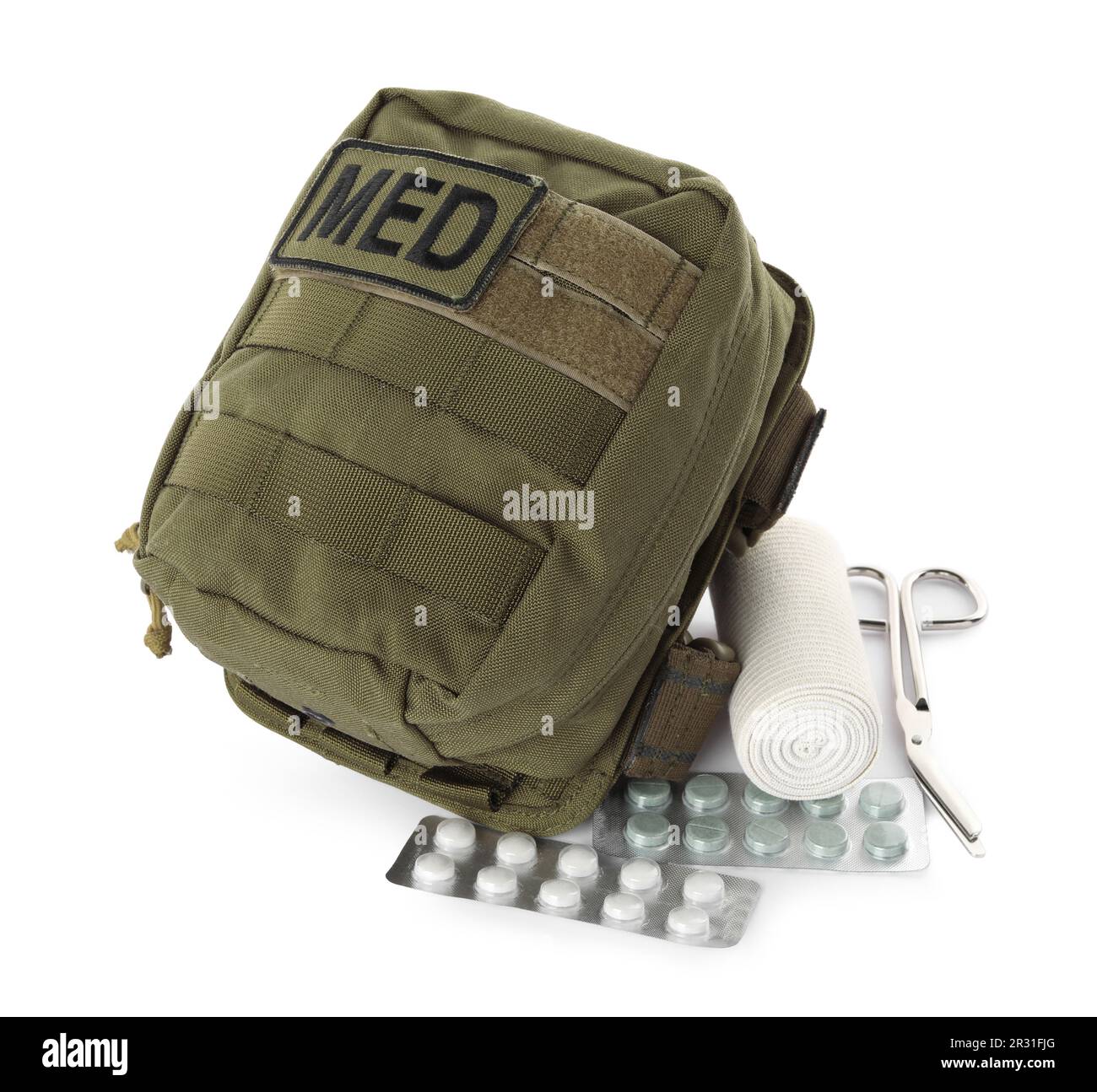 Military first aid kit with items isolated on white Stock Photo - Alamy