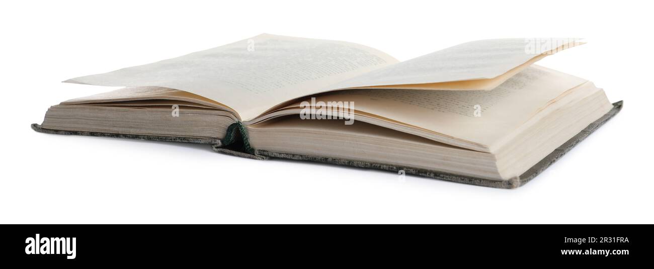 Old open hardcover book isolated on white Stock Photo - Alamy