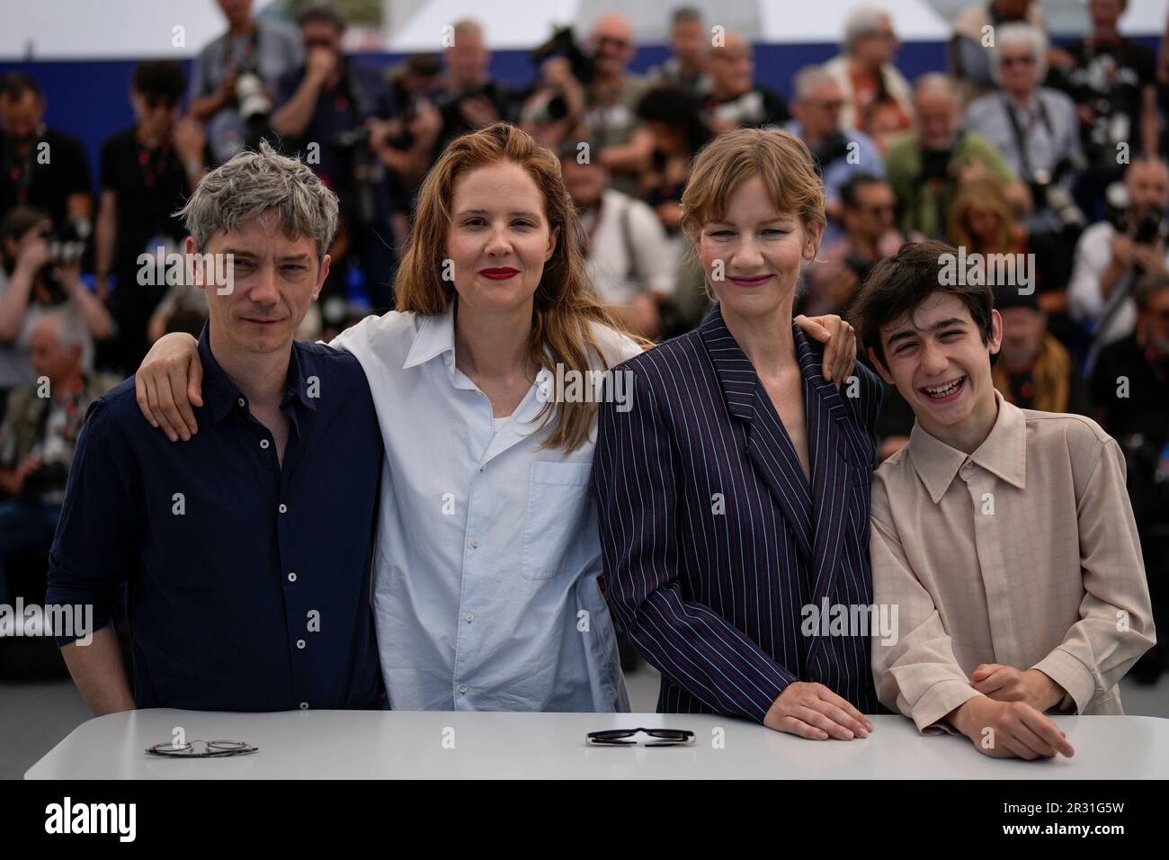 Swann Arlaud, from left, director Justine Triet, Sandra Huller and Milo ...