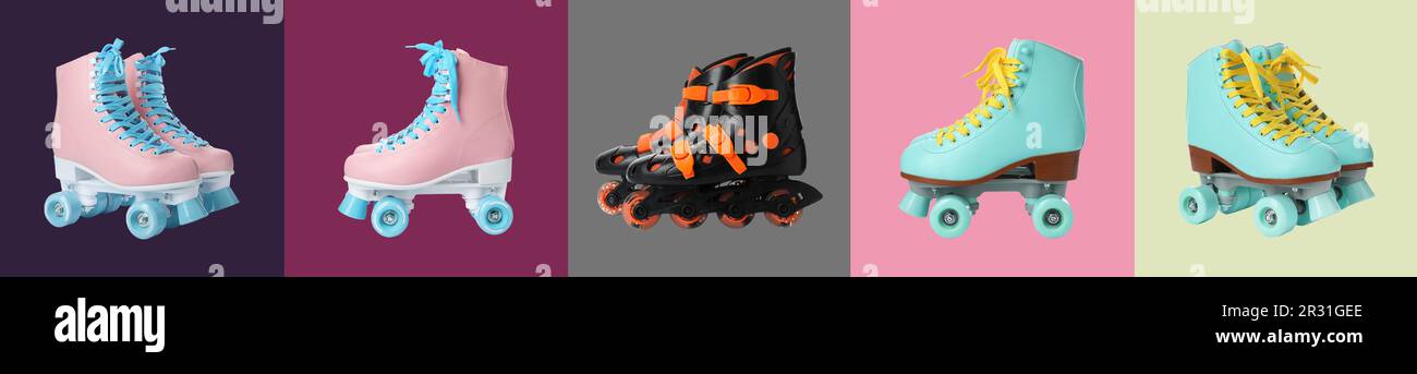 Many roller skates on different color backgrounds. Banner design Stock ...