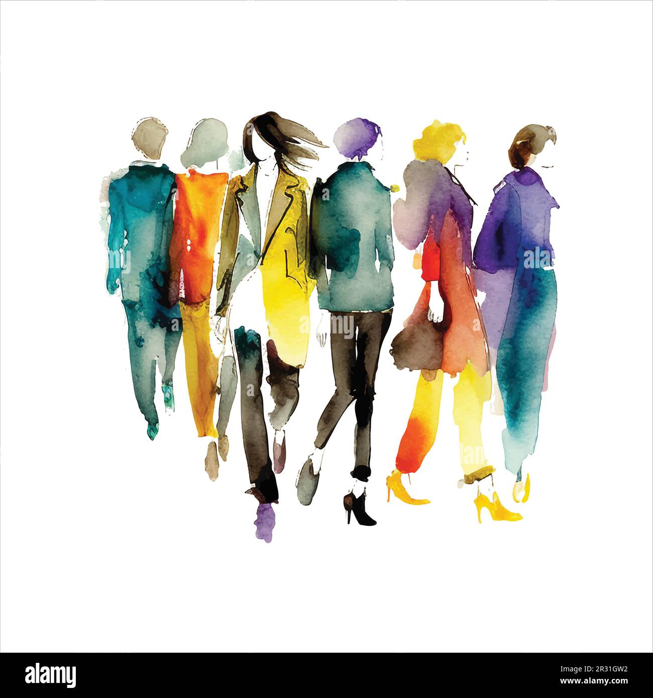 Vector illustration watercolor fashion sketch group of people in full ...