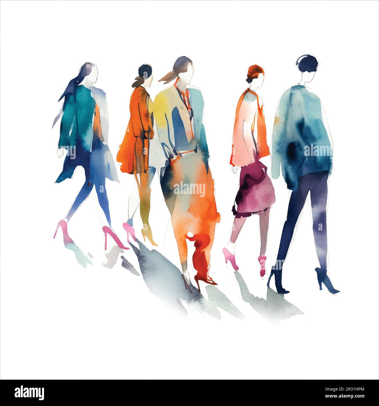 Vector illustration watercolor fashion sketch group of people in full ...