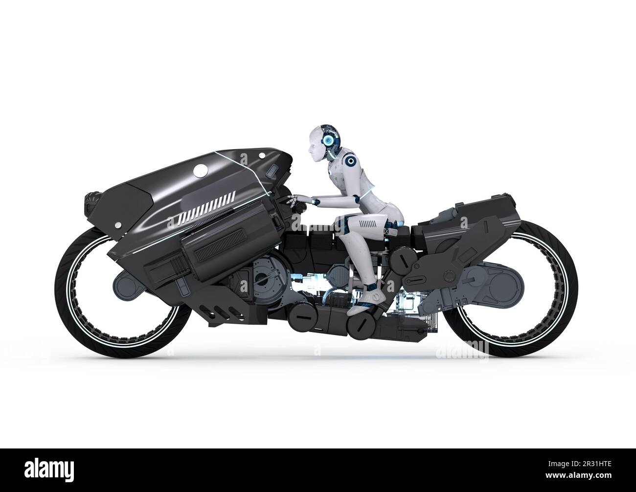Racing technology with 3d rendering robot riding on motorbike with ...