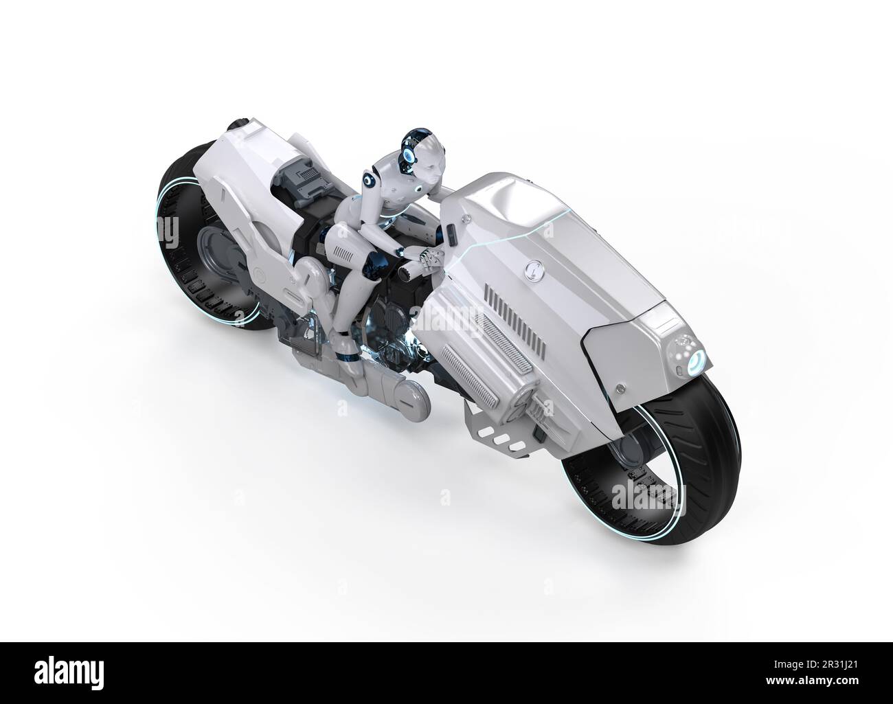 Racing technology with 3d rendering robot riding on motorbike with ...
