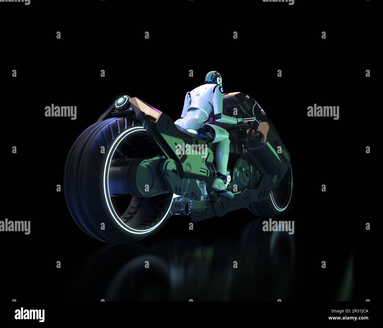 Racing technology with 3d rendering robot riding on motorbike with ...