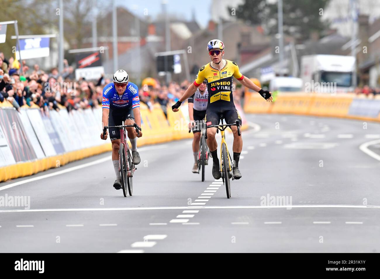 Wout Van Aert winning from Mathieu Van Der Poel and Tadej Pogacar in Flanders 2023 Stock Photo ...
