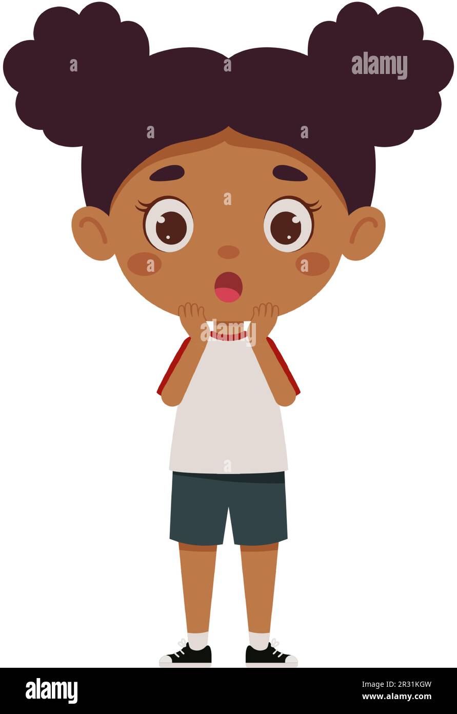Cute cartoon little scary girl. Little schoolgirl character show facial expression. Vector ...