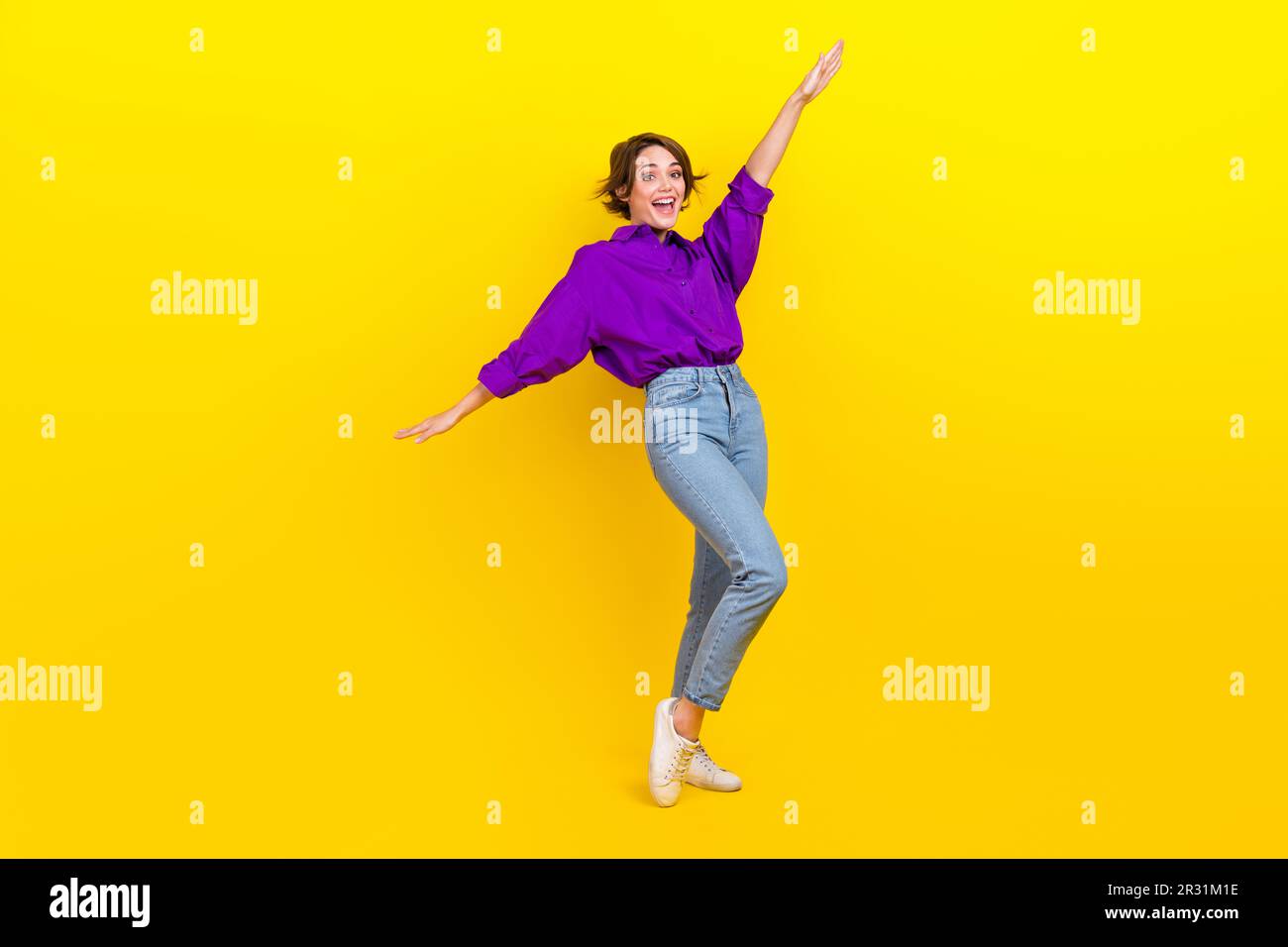 Full length photo of careless woman celebrate begin weekend chill after ...